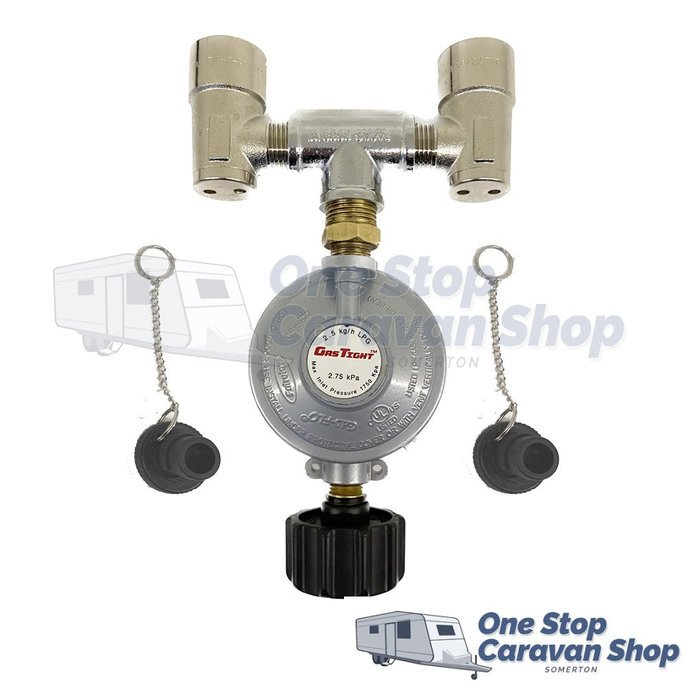 Single to Dual Gas Bayonet Adapter w/ LCC Reg – One Stop Caravan Shop
